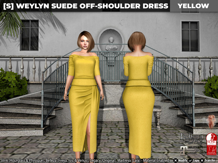 Second Life Marketplace - [S] Weylyn Suede Off-Shoulder Dress Yellow